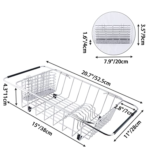 Dish Drying Rack in Sink-Adjustable 15.35" to 20.59",304 Stainless Steel Expandable Dish Drainer Rack Organizer with Utensil Cutlery Holder expandable in sink dish drying rack for Kitchen Counter