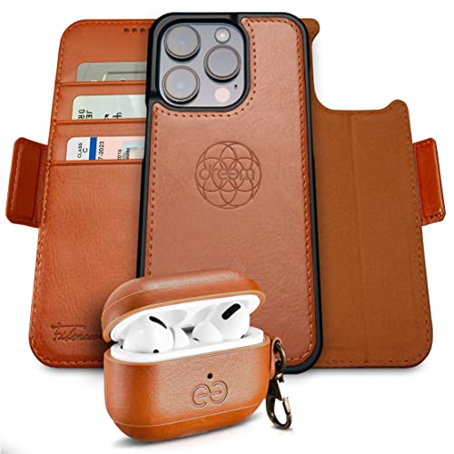 Dreem Bundle: Fibonacci Wallet-Case for iPhone 14 Pro Max with Om AirPods Pro Case Cover - Caramel