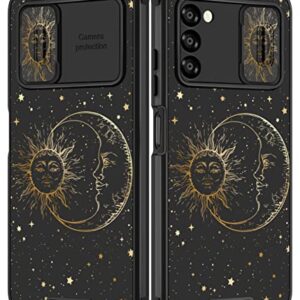 Goocrux for Samsung Galaxy A03S Case Sun and Moon Stars for Girls Women Cute Space Girly Phone Cover Fashion Gold Print Unique Design with Slide Camera Cover Aesthetic Cases for Galaxy A03S 5G 6.5''