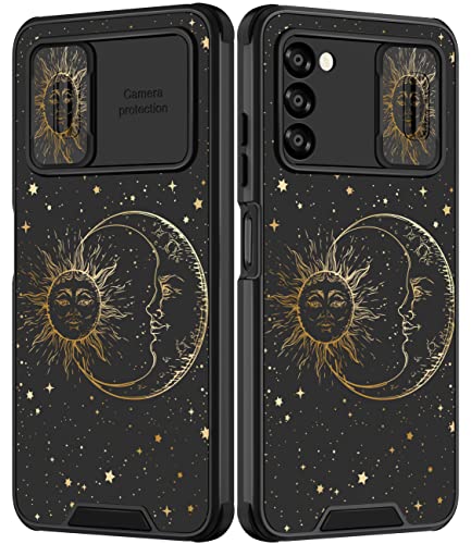 Goocrux for Samsung Galaxy A03S Case Sun and Moon Stars for Girls Women Cute Space Girly Phone Cover Fashion Gold Print Unique Design with Slide Camera Cover Aesthetic Cases for Galaxy A03S 5G 6.5''