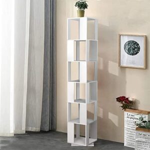 rotating bookshelf,6 tier 360 floor standing revolving bookcase storage rack,wood narrow bookshelf for small space,corner book shelf organizer for bedroom, living room (white)