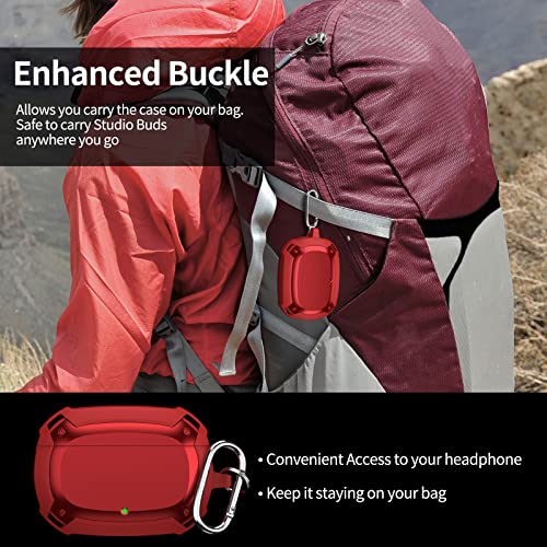 Beats Studio Buds Plus Case 2023, Jiunai Shockproof Heavy Duty Full Body Protective Dual Layer Studio Buds Cover Hybrid Rugged Case Carabiner for Beats Studio Buds 2021 Studio Buds Plus 2023 Red