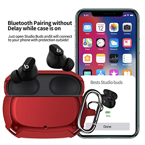 Beats Studio Buds Plus Case 2023, Jiunai Shockproof Heavy Duty Full Body Protective Dual Layer Studio Buds Cover Hybrid Rugged Case Carabiner for Beats Studio Buds 2021 Studio Buds Plus 2023 Red