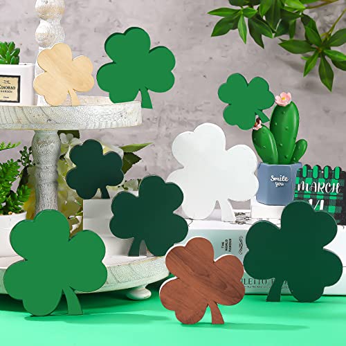 9 Pcs St Patrick's Day Wooden Table Decor Centerpiece Block Shamrock Shape Irish Patty's Tiered Tray Tabletop Sign Decor for Office Dining Room Mantle Home Wood Saint Patrick Party Supplies