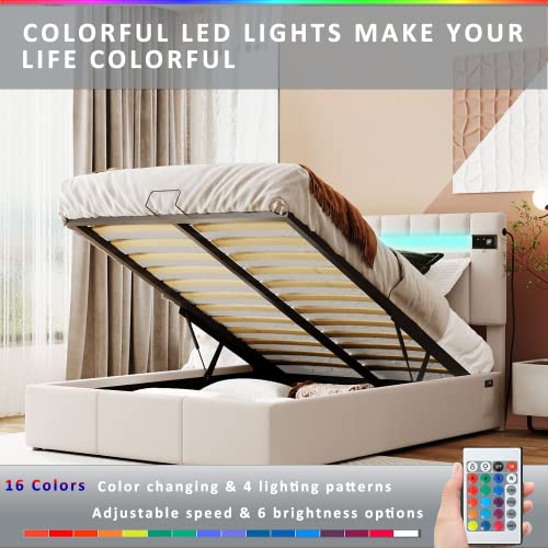 Full Size Upholstered Bed Frame with Lifting Storage, RGB LED Velvet Bed with USB Ports Headboard, Smart Platform Bed with Bluetooth Player, Hydraulic Lifting Under Bed Storage, Beige