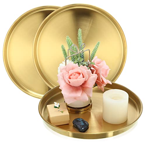 3 Pieces Gold Round Serving Tray Stainless Steel Round Coffee Table Tray Circle Decorative Tray Decorative Vanity Tray Jewelry Makeup Organizer for Bathroom Candle Perfume Countertop Kitchen (12 Inch)