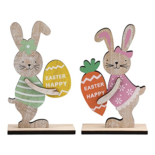 Easter Decorations for the Home 2 Pcs Wooden Easter Bunny Table Decorations Happy Easter Wooden Table Signs with Eggs Carrots for Table Living Room Office Farmhouse Spring Party Holiday Home Decor