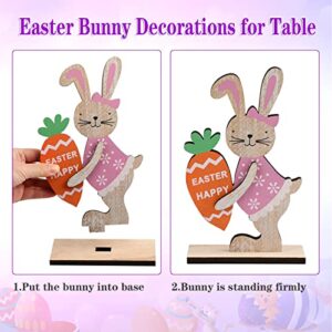 Easter Decorations for the Home 2 Pcs Wooden Easter Bunny Table Decorations Happy Easter Wooden Table Signs with Eggs Carrots for Table Living Room Office Farmhouse Spring Party Holiday Home Decor