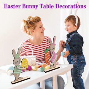 Easter Decorations for the Home 2 Pcs Wooden Easter Bunny Table Decorations Happy Easter Wooden Table Signs with Eggs Carrots for Table Living Room Office Farmhouse Spring Party Holiday Home Decor