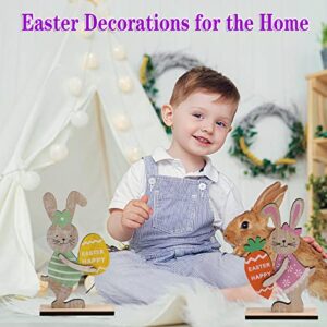 Easter Decorations for the Home 2 Pcs Wooden Easter Bunny Table Decorations Happy Easter Wooden Table Signs with Eggs Carrots for Table Living Room Office Farmhouse Spring Party Holiday Home Decor