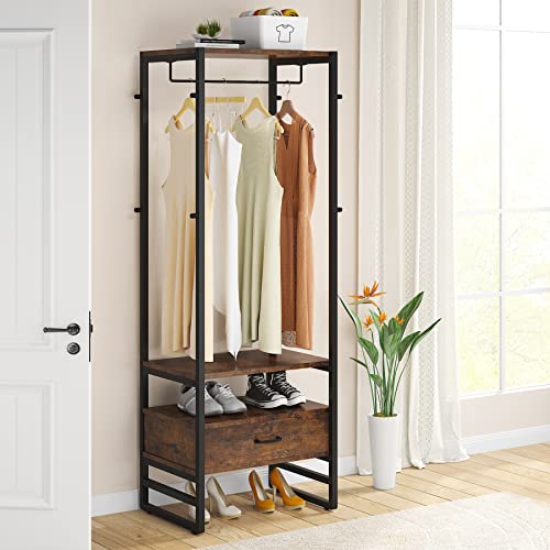 Tribesigns Coat Rack, 70.9" Hall Tree with Big Drawer Freestanding Closet Organizer for Entryway, 3-In-1 Industrial Garment Rack with 8 Hooks, Small Clothes Rack with Storage for Bedroom, Living Room