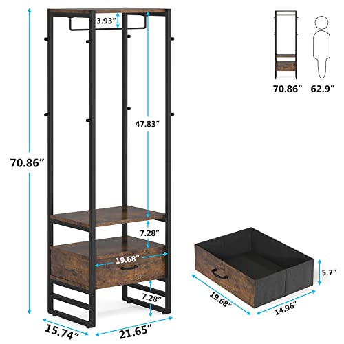 Tribesigns Coat Rack, 70.9" Hall Tree with Big Drawer Freestanding Closet Organizer for Entryway, 3-In-1 Industrial Garment Rack with 8 Hooks, Small Clothes Rack with Storage for Bedroom, Living Room