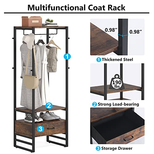 Tribesigns Coat Rack, 70.9" Hall Tree with Big Drawer Freestanding Closet Organizer for Entryway, 3-In-1 Industrial Garment Rack with 8 Hooks, Small Clothes Rack with Storage for Bedroom, Living Room