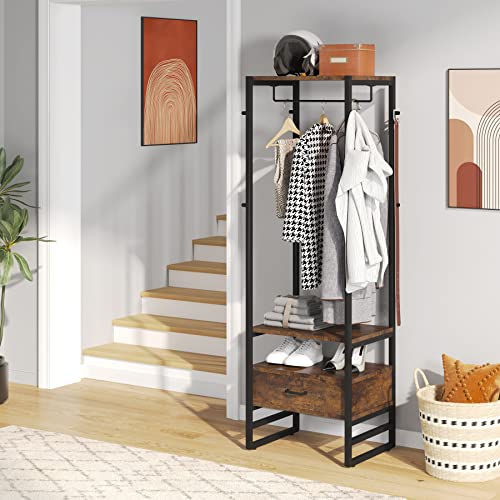 Tribesigns Coat Rack, 70.9" Hall Tree with Big Drawer Freestanding Closet Organizer for Entryway, 3-In-1 Industrial Garment Rack with 8 Hooks, Small Clothes Rack with Storage for Bedroom, Living Room