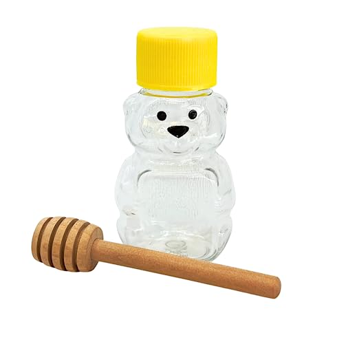 The Honey Jar - Empty 2 Ounce Honey Bears with Yellow Cap and Pressure Sensitive Seal, Perfect for samples, baby shower, holiday. Mini Honey bears bottles with 3" wood honey dipper (20)