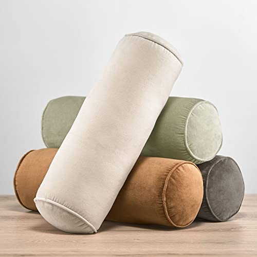 Nate Home by Nate Berkus Decorative Cotton Velvet Bolster Pillow | Soft Luxurious Modern Decor, Cushion for Couch, Chairs, or Bedroom from mDesign - Oblong Size 7" x20", Fossil (Beige)