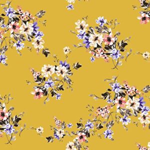 texco inc medium flowers pattern printed poly rayon spandex french terry diy stretch fabric, spicy mustard blue irish 10 yards