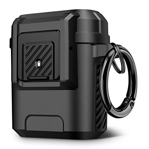 Youtec Compatible with Airpods 2&1 Case Cover with Cleaner Kit, Military Hard Shockproof Airpods Case Cover Protective Case with Automatic Secure Lock & Keychain（10 in 1） (Black-1)