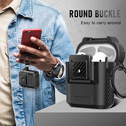 Youtec Compatible with Airpods 2&1 Case Cover with Cleaner Kit, Military Hard Shockproof Airpods Case Cover Protective Case with Automatic Secure Lock & Keychain（10 in 1） (Black-1)