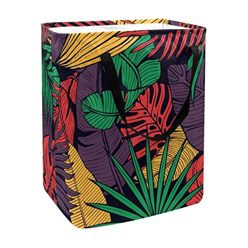 Tropical Leaves Print Collapsible Laundry Hamper, 60L Waterproof Laundry Baskets Washing Bin Clothes Toys Storage for Dorm Bathroom Bedroom