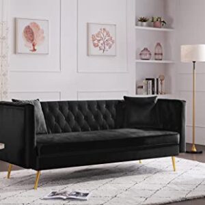 EMKK Small Velvet 2-Seater Couch with Pillows, Loveseat Accent Sofa, Living Room Sofá with Tufted Backrest, Black