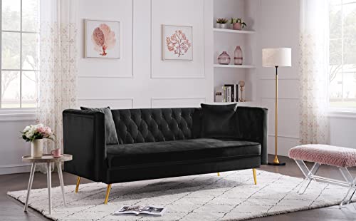 EMKK Small Velvet 2-Seater Couch with Pillows, Loveseat Accent Sofa, Living Room Sofá with Tufted Backrest, Black