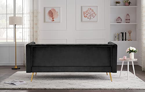 EMKK Small Velvet 2-Seater Couch with Pillows, Loveseat Accent Sofa, Living Room Sofá with Tufted Backrest, Black