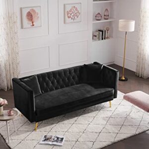 EMKK Small Velvet 2-Seater Couch with Pillows, Loveseat Accent Sofa, Living Room Sofá with Tufted Backrest, Black