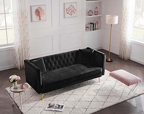 EMKK Small Velvet 2-Seater Couch with Pillows, Loveseat Accent Sofa, Living Room Sofá with Tufted Backrest, Black