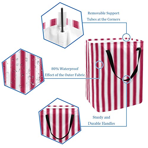 Pink Vertical Stripes Print Collapsible Laundry Hamper, 60L Waterproof Laundry Baskets Washing Bin Clothes Toys Storage for Dorm Bathroom Bedroom