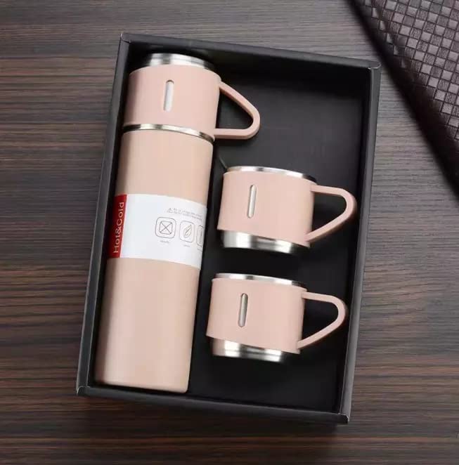 zapman. 500ml Classic Vacuum Flask Thermos with 3 mugs, Durable Stainless Steel, corrosion & oxidation resistant, keeps drinks hot or cold for upto 24 hours. (Pink)