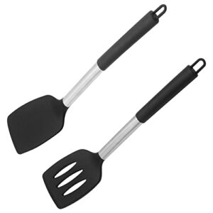 kufung stainless steel handle silicone nonstick spatulas, high heat resistant to 480°f, kufung food grade turner, bpa free, spatula for for fish, eggs, pancakes, wok (black2)