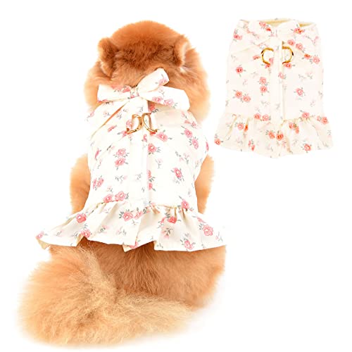 PAIDEFUL Dog Dress Fleece Coat for Small Medium Dogs Girls Female Flowers Printed Soft Warm Chihuahua Clothes with Harness Puppy Pet Winter Fall Cold Weather Cat Apparel Pink L