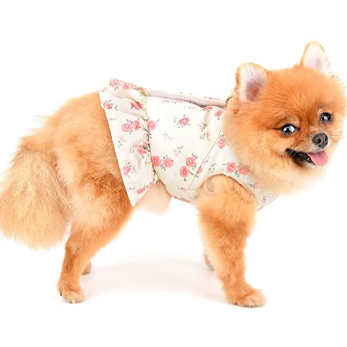 PAIDEFUL Dog Dress Fleece Coat for Small Medium Dogs Girls Female Flowers Printed Soft Warm Chihuahua Clothes with Harness Puppy Pet Winter Fall Cold Weather Cat Apparel Pink L