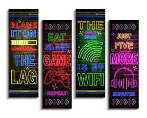 creoate gamer room wall decor, 4 pieces funny cool game sign for boys room wooden video game wall art hanging plaue for kids, teens playroom decor, small but cute colorful game art print artwork, 4x12 inchx4pcs (b)