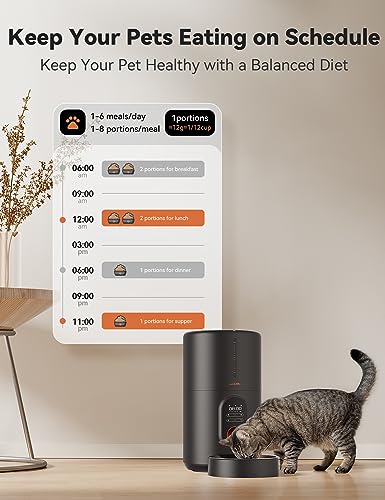 WOPET FT50 Automatic Cat Food Dispenser - Automatic Cat Feeders with Programable 1-6 Meals, Automatic Dog Feeder with Stainless Bowl, Timed Cat Feeder with 10S Voice Recorder for Cat and Dog, Black