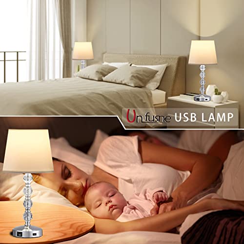 Unfusne Crystal Lamps for bedrooms Set of 4, 3 Way Dimmable Nightstand Bedside Lamp with White Fabric Shade, Small Lamps for Living Room, Dorm, Home,Office