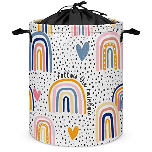 Laundry Hamper Hand Drawn Rainbow Hearts Fabric Storage Basket Round Collapsible Colorful Neon Dot Laundry Baskets with Drawstring Closure for Bedroom Living Room Bathroom