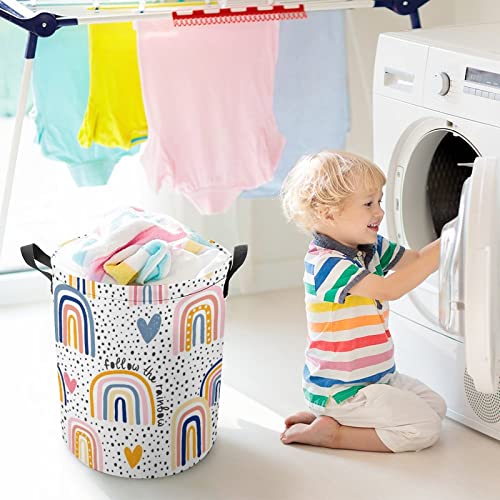 Laundry Hamper Hand Drawn Rainbow Hearts Fabric Storage Basket Round Collapsible Colorful Neon Dot Laundry Baskets with Drawstring Closure for Bedroom Living Room Bathroom