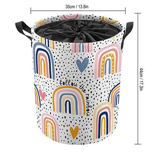 Laundry Hamper Hand Drawn Rainbow Hearts Fabric Storage Basket Round Collapsible Colorful Neon Dot Laundry Baskets with Drawstring Closure for Bedroom Living Room Bathroom