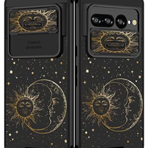 Goocrux for Google Pixel 7 Pro Case Sun and Moon Stars for Girls Women Cute Space Girly Phone Cover Fashion Gold Print Unique Design with Slide Camera Cover Aesthetic Cases for Pixel 7 Pro 5G 6.7 inch