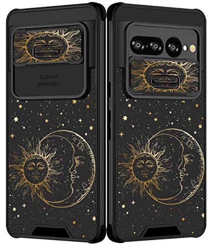 Goocrux for Google Pixel 7 Pro Case Sun and Moon Stars for Girls Women Cute Space Girly Phone Cover Fashion Gold Print Unique Design with Slide Camera Cover Aesthetic Cases for Pixel 7 Pro 5G 6.7 inch