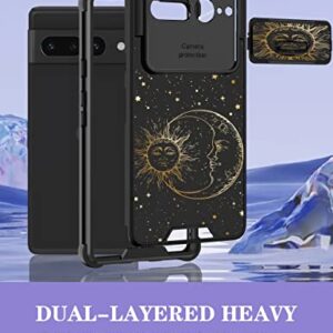 Goocrux for Google Pixel 7 Pro Case Sun and Moon Stars for Girls Women Cute Space Girly Phone Cover Fashion Gold Print Unique Design with Slide Camera Cover Aesthetic Cases for Pixel 7 Pro 5G 6.7 inch