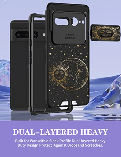 Goocrux for Google Pixel 7 Pro Case Sun and Moon Stars for Girls Women Cute Space Girly Phone Cover Fashion Gold Print Unique Design with Slide Camera Cover Aesthetic Cases for Pixel 7 Pro 5G 6.7 inch