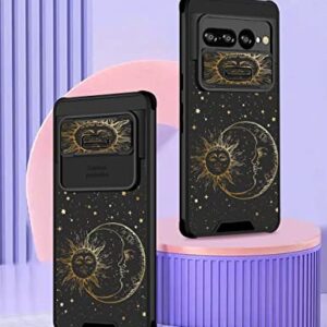 Goocrux for Google Pixel 7 Pro Case Sun and Moon Stars for Girls Women Cute Space Girly Phone Cover Fashion Gold Print Unique Design with Slide Camera Cover Aesthetic Cases for Pixel 7 Pro 5G 6.7 inch