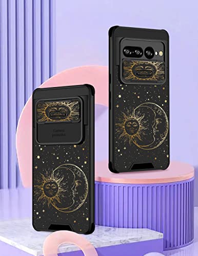 Goocrux for Google Pixel 7 Pro Case Sun and Moon Stars for Girls Women Cute Space Girly Phone Cover Fashion Gold Print Unique Design with Slide Camera Cover Aesthetic Cases for Pixel 7 Pro 5G 6.7 inch