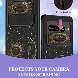 Goocrux for Google Pixel 7 Pro Case Sun and Moon Stars for Girls Women Cute Space Girly Phone Cover Fashion Gold Print Unique Design with Slide Camera Cover Aesthetic Cases for Pixel 7 Pro 5G 6.7 inch