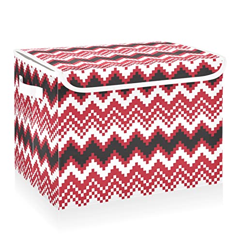 CaTaKu Red Christmas Wave Storage Bins with Lids and Handles, Fabric Large Storage Container Cube Basket with Lid Decorative Storage Boxes for Organizing Clothes