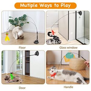 HOSFROLL Cat Toys Wand, Interactive Cat Toy with Super Suction Cup Sticky Detachable 12 PCS Feather Replacements 2 Wands Cat Spring Feather Toys for Indoor Cats Kitten Toys (9 Toys Double Headed)