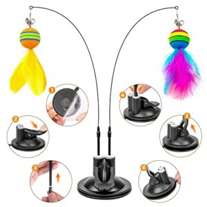 HOSFROLL Cat Toys Wand, Interactive Cat Toy with Super Suction Cup Sticky Detachable 12 PCS Feather Replacements 2 Wands Cat Spring Feather Toys for Indoor Cats Kitten Toys (9 Toys Double Headed)